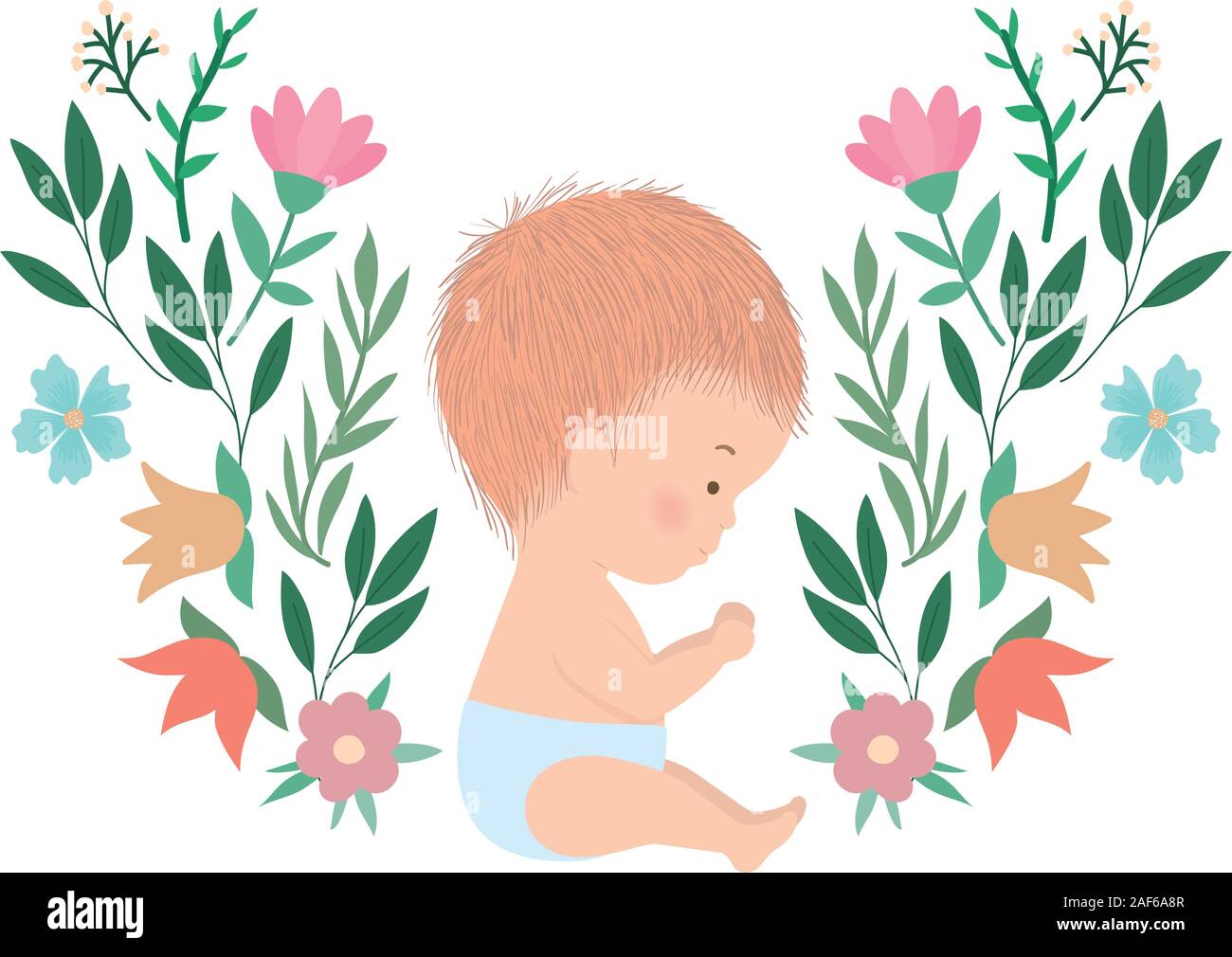 Cute baby boy with flowers and leaves vector design Stock Vector Image ...