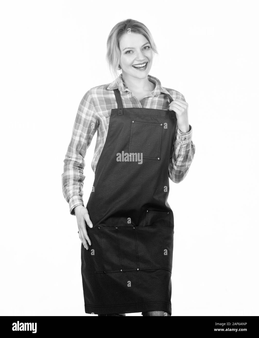 Gender stereotype. Cook with passion for family. Woman in kitchen apron ...