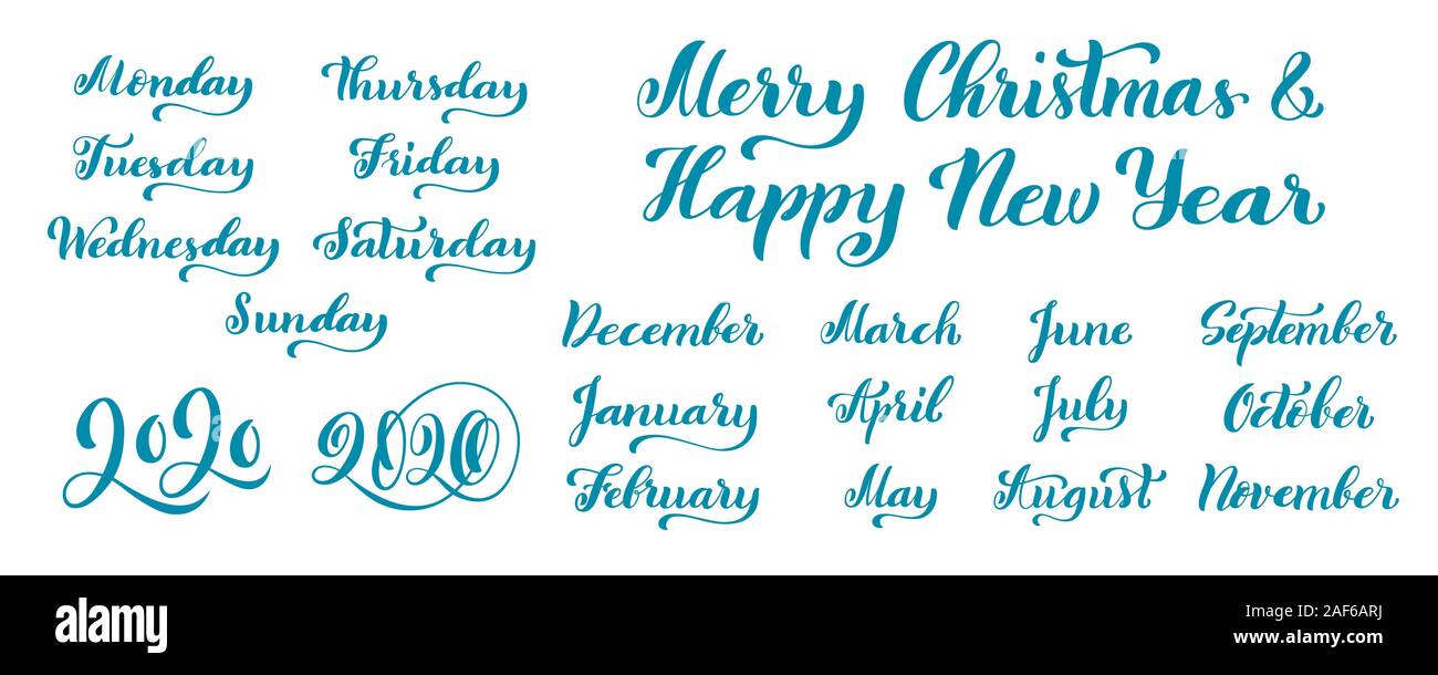 Big vector handdrawn calligraphic monthly set with months, year 2020 ...