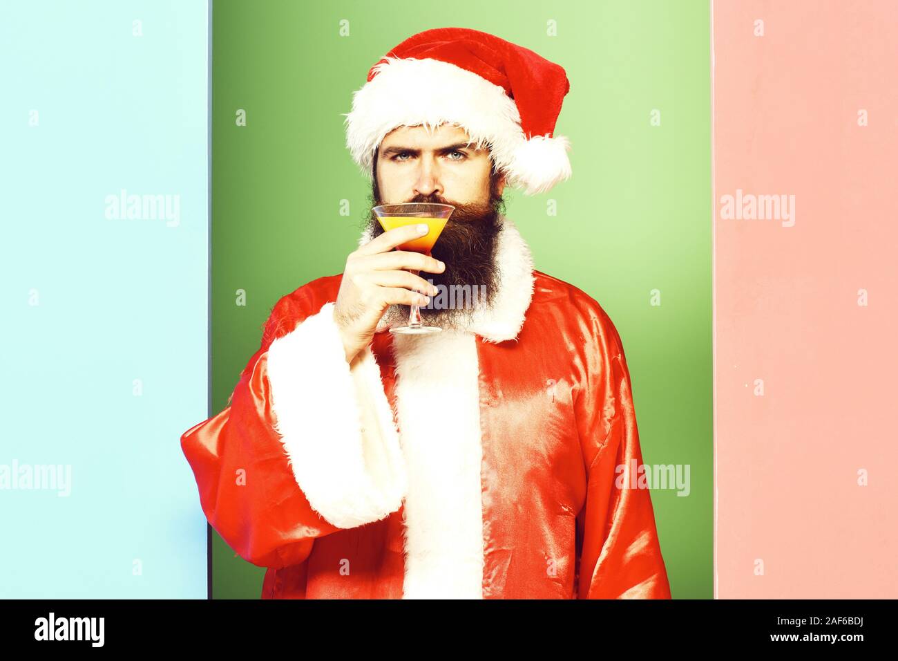 handsome bearded santa claus man with long beard on serious face ...