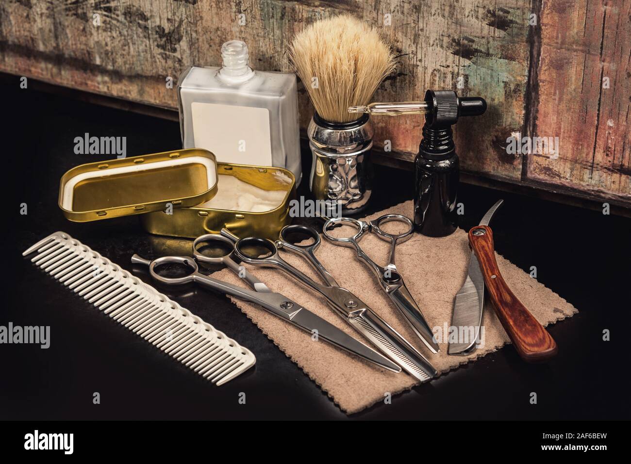 Different equipment in barber shop on the table Stock Photo - Alamy