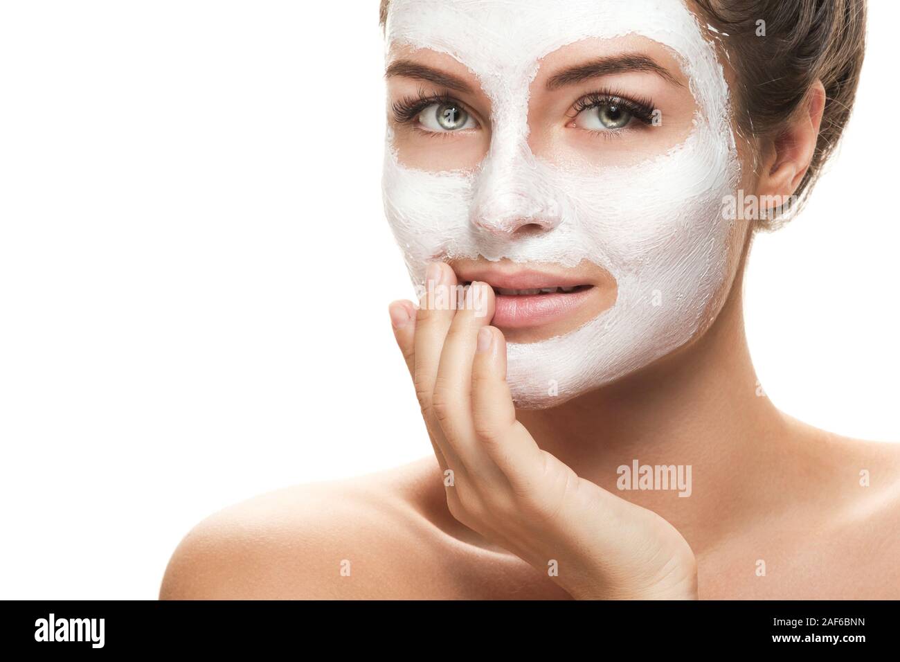 Beautiful woman with facial mask on white background. Skincare and ...