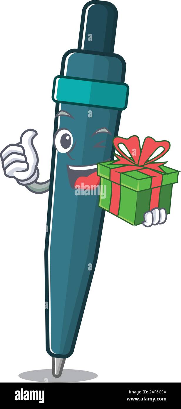 happy face fountain pen Scroll character with gift box Stock Vector ...