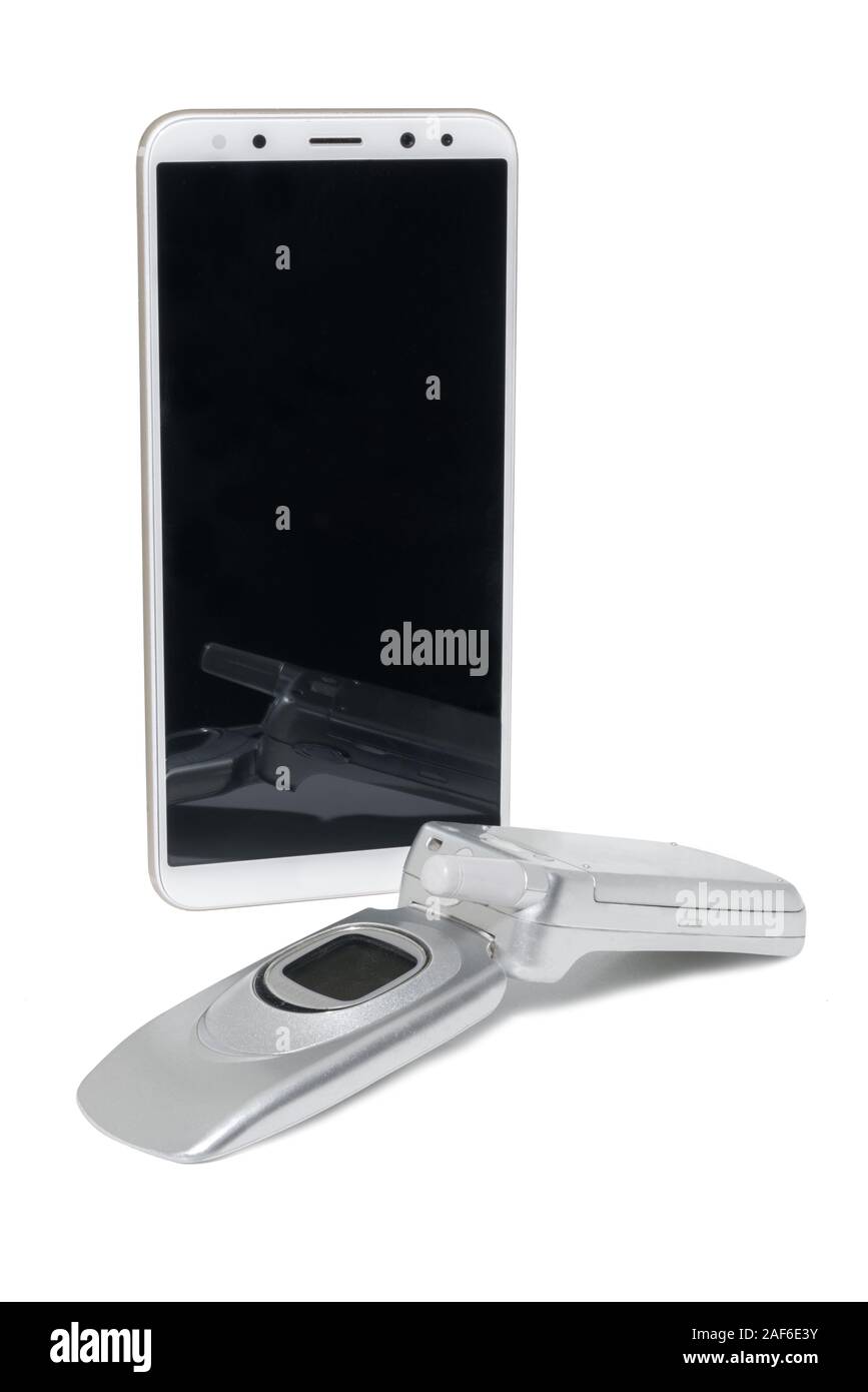 Two Phones - old phone and new smartphone isolated white background ...
