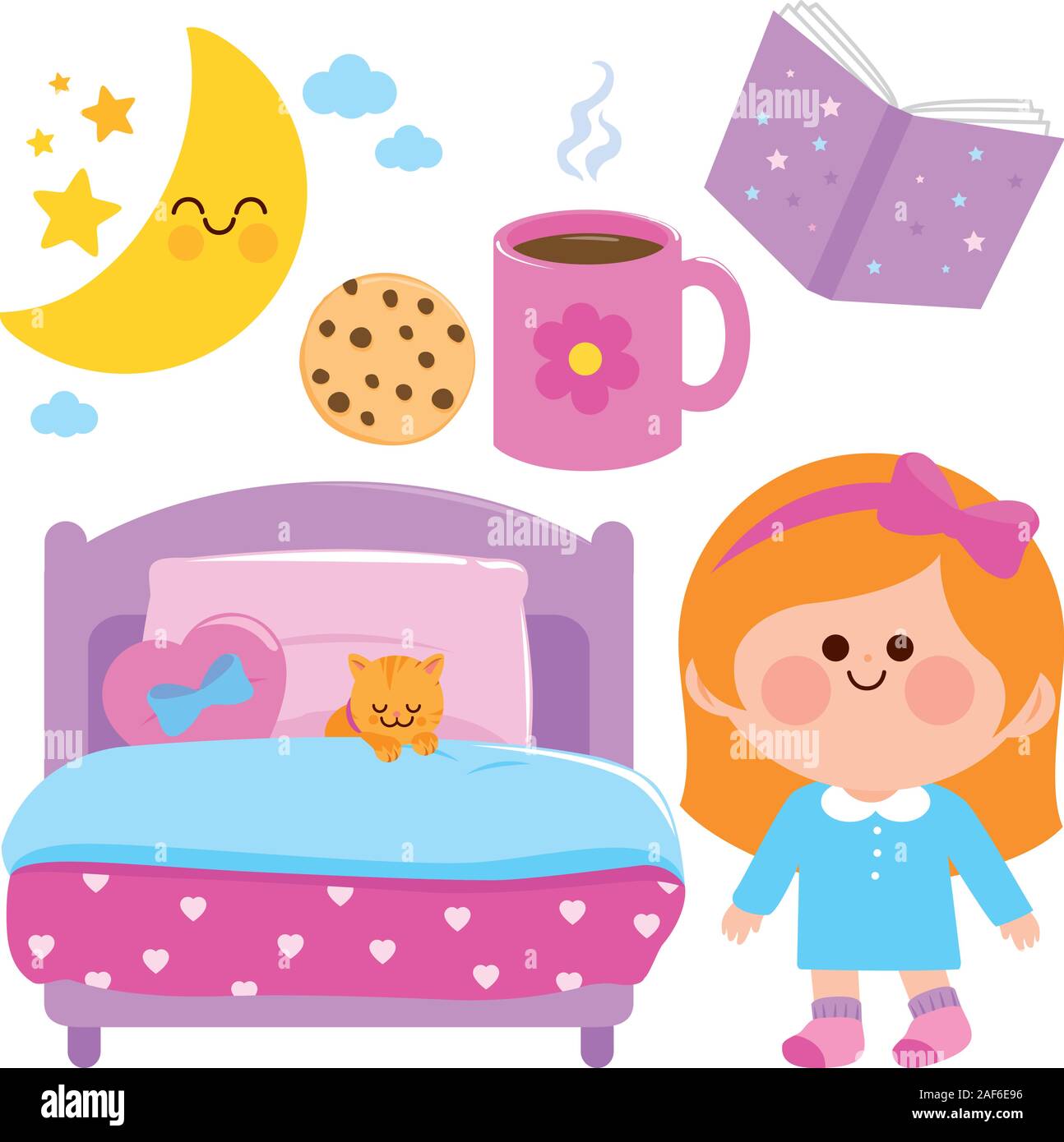 Cute girl getting ready for bed at night. Vector illustration ...