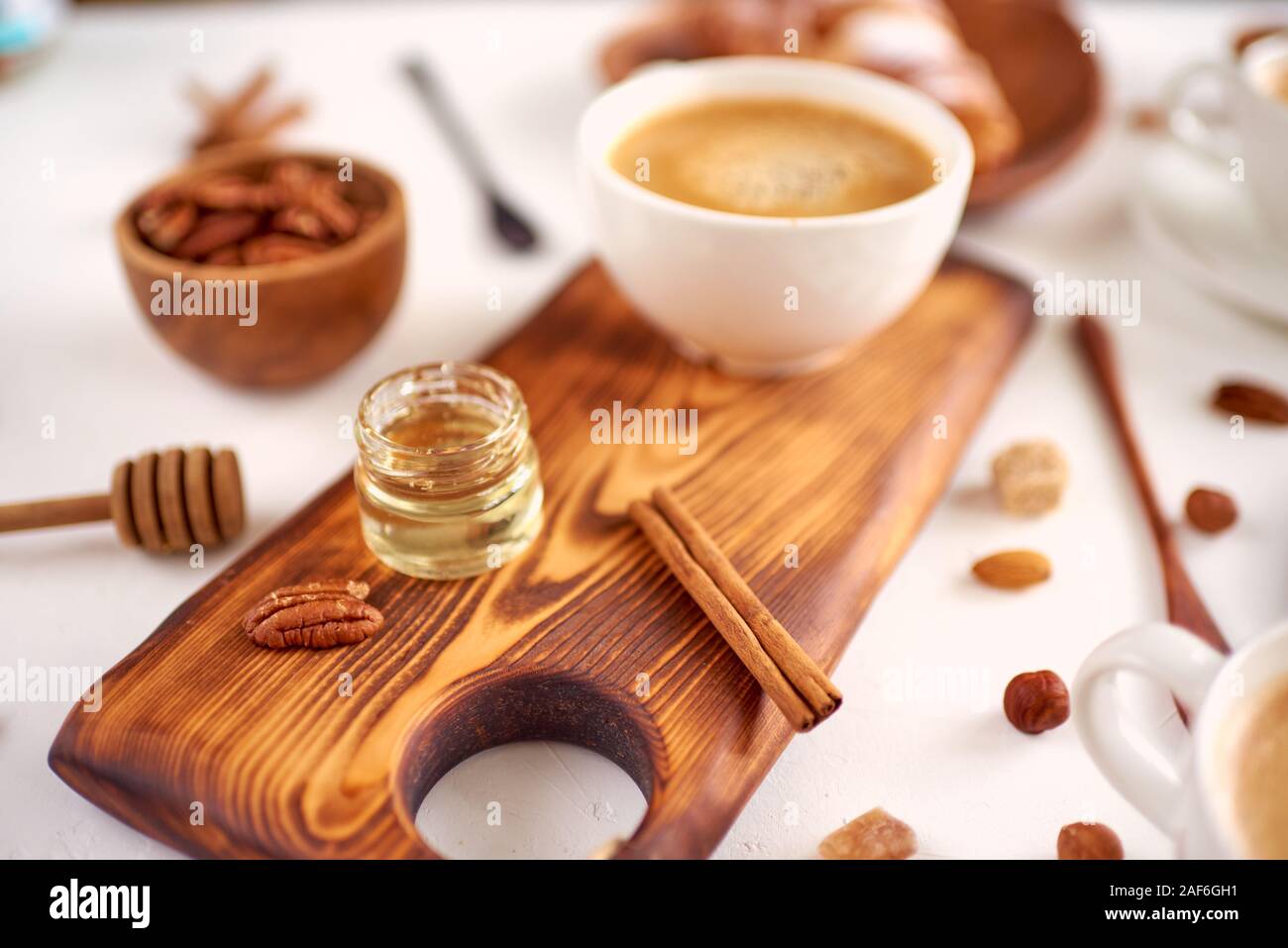 breakfast pattern, coffee, honey, cinnamon sticks, nuts, sugar. Good ...