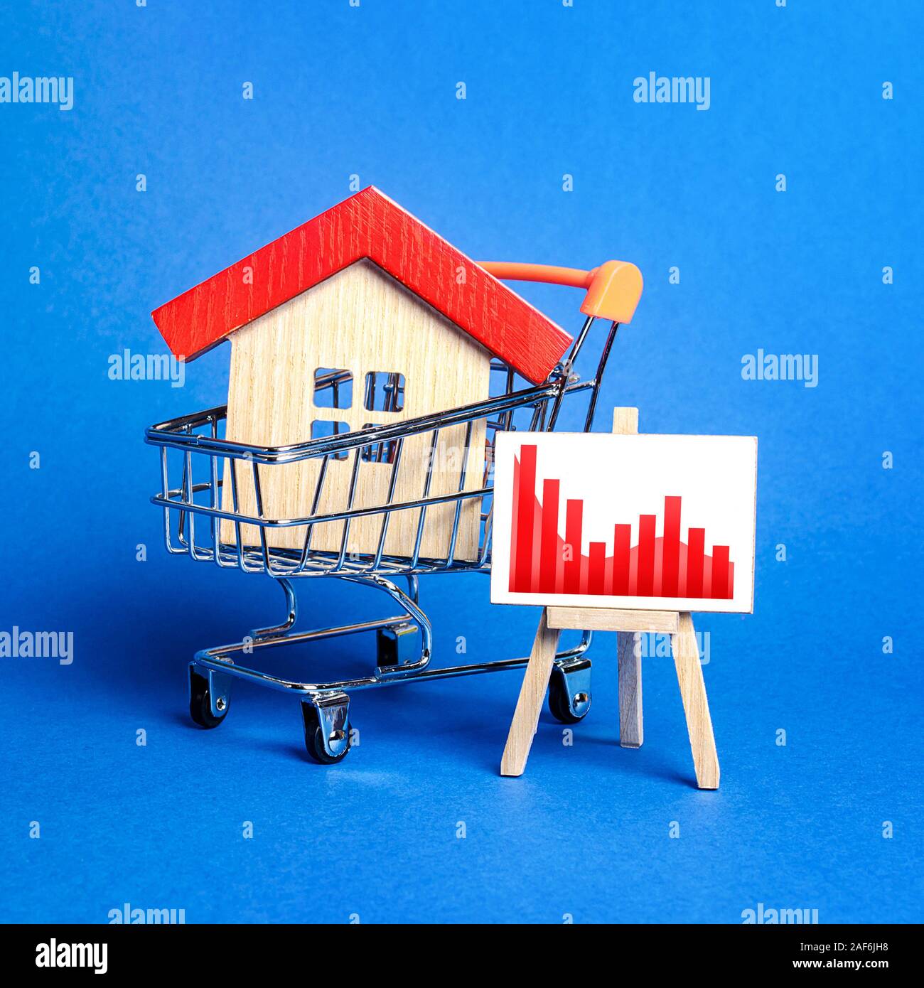 House in a shopping cart and an easel with a red negative chart. Fall of real estate market ...