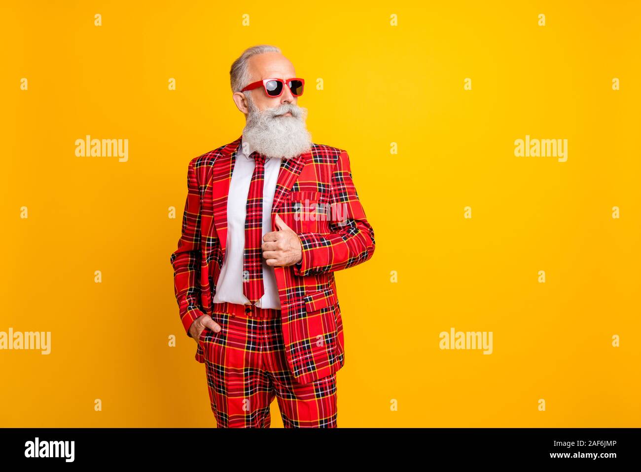 Photo of cool grandpa white beard model guy standing self-confidently ...