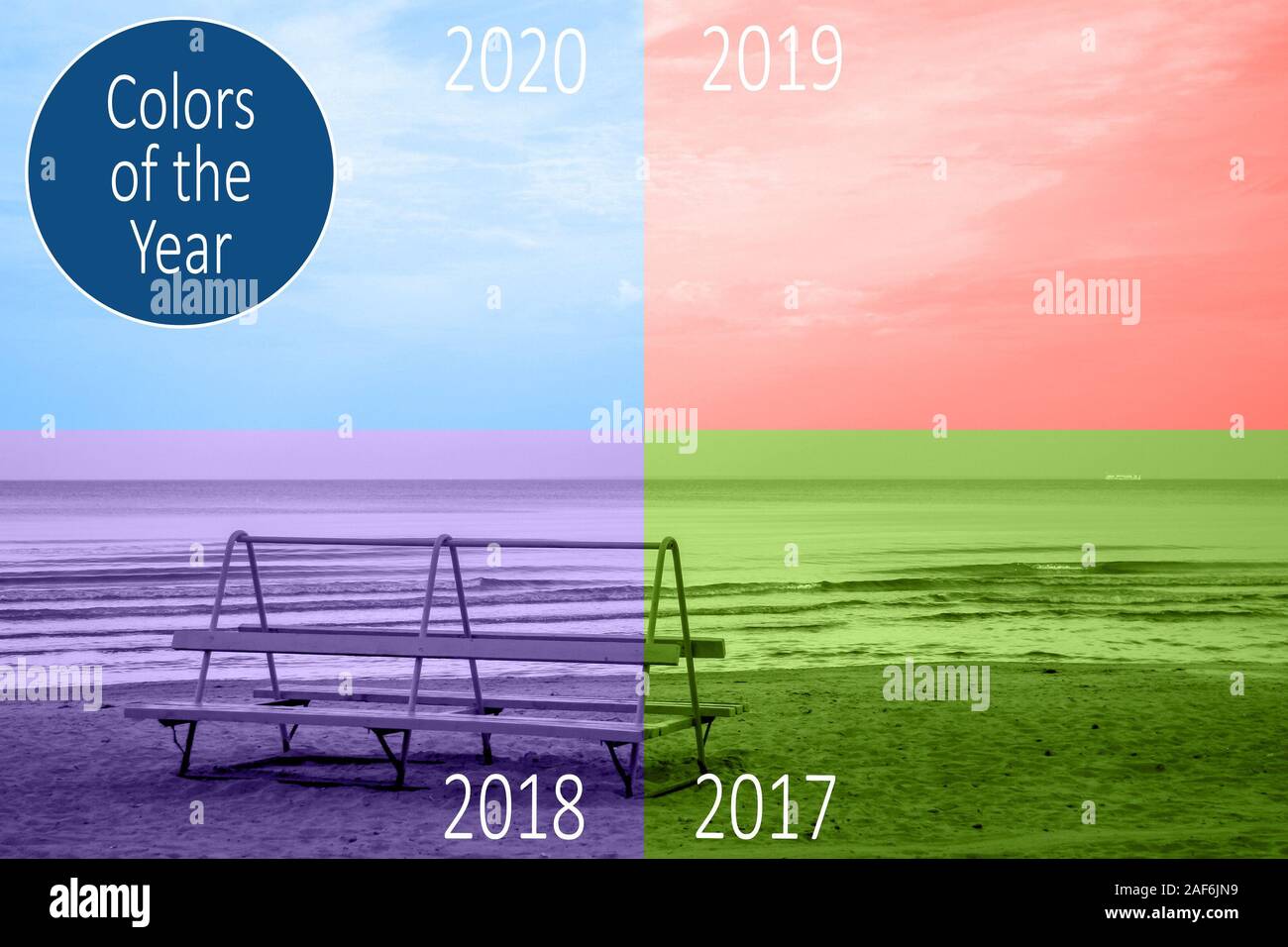 Colors of the Year, trend colors of different years. Lonely bench on ...