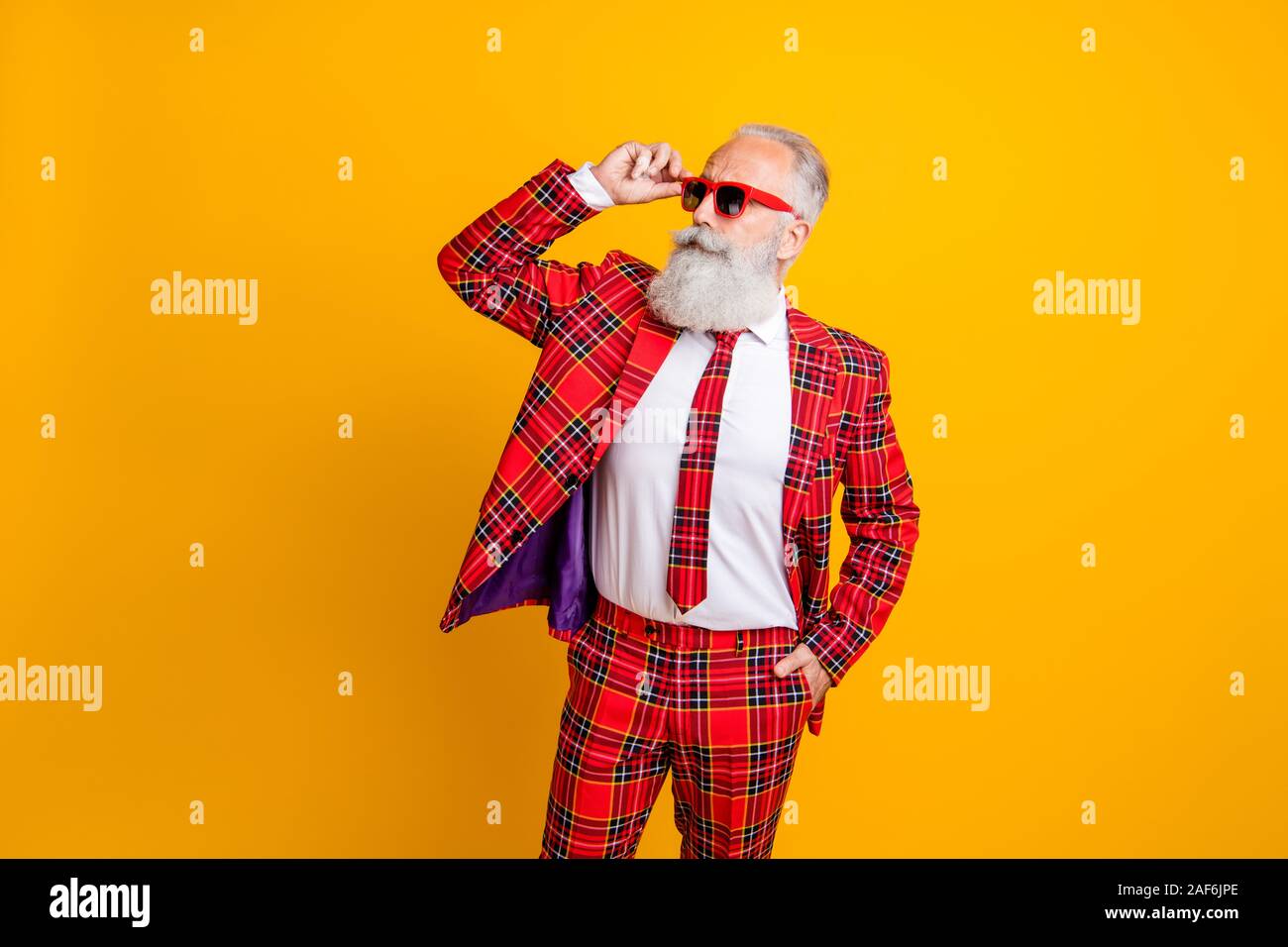 Photo of cool grandpa white beard model guy standing self-confidently ...