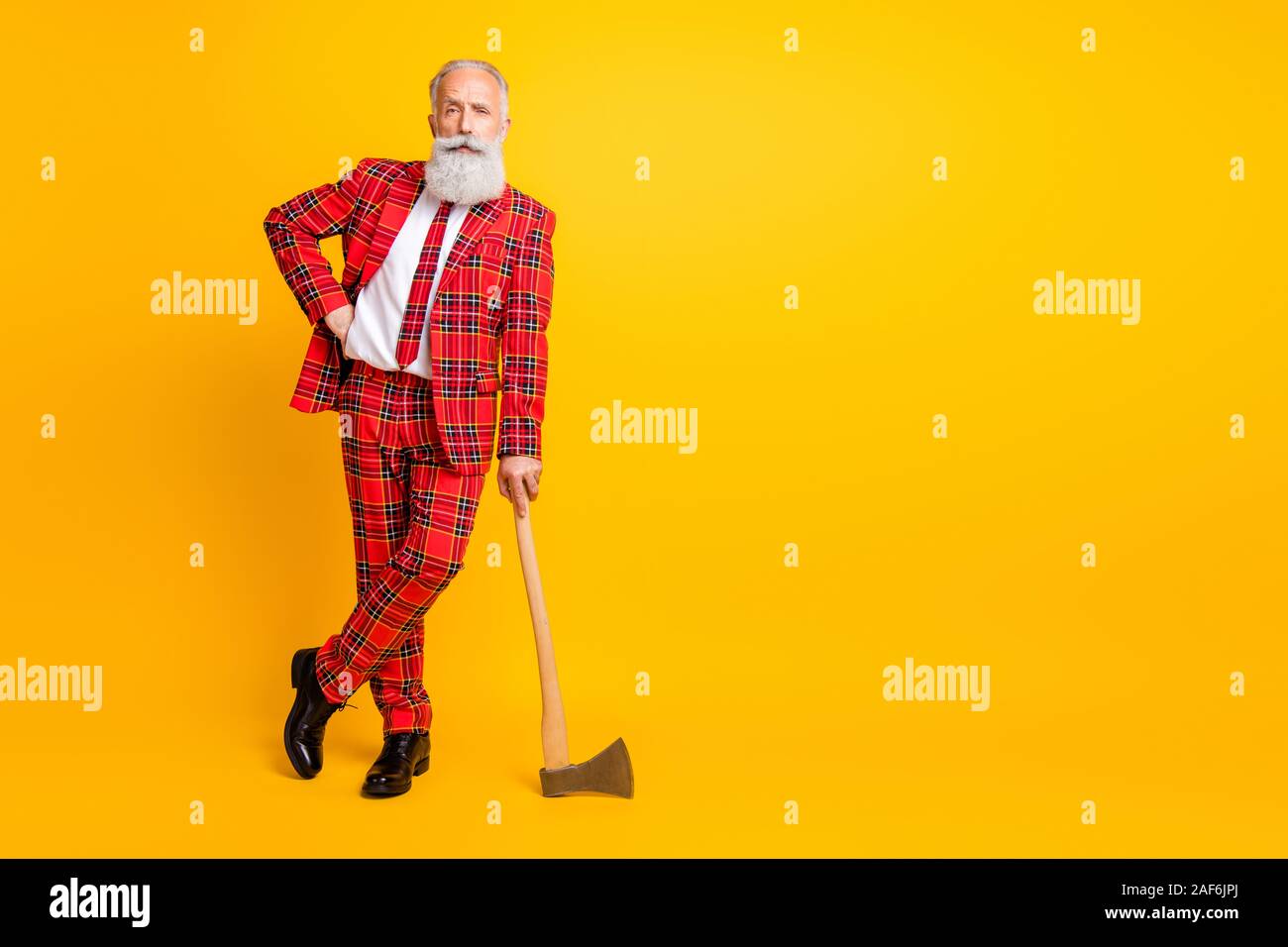 Full length photo of cool aged guy white beard holding ax hands play ...