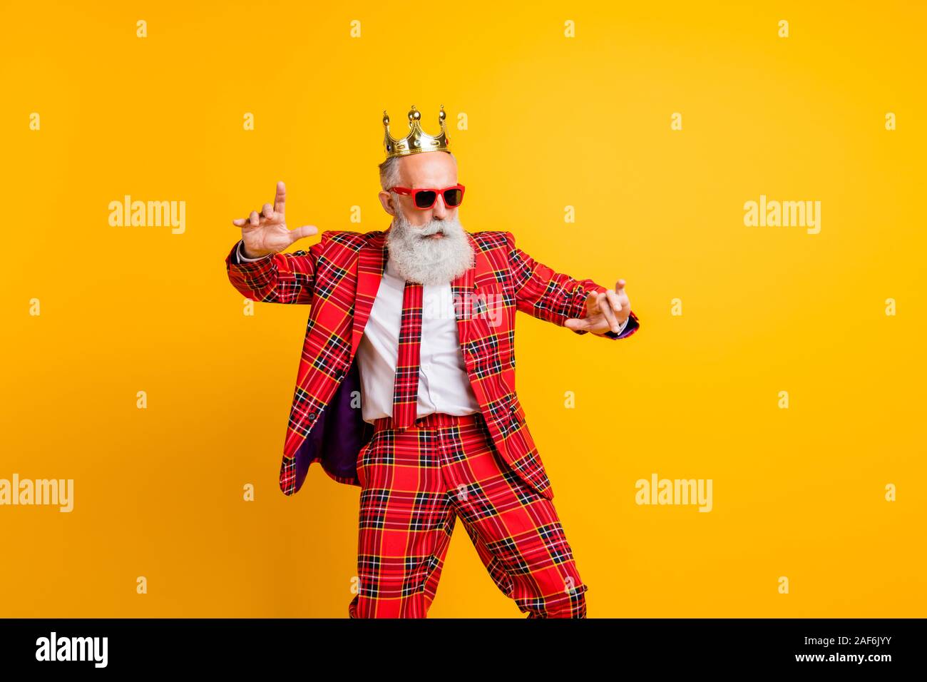 Photo of cool modern look grandpa white beard dancing king hip-hop ...