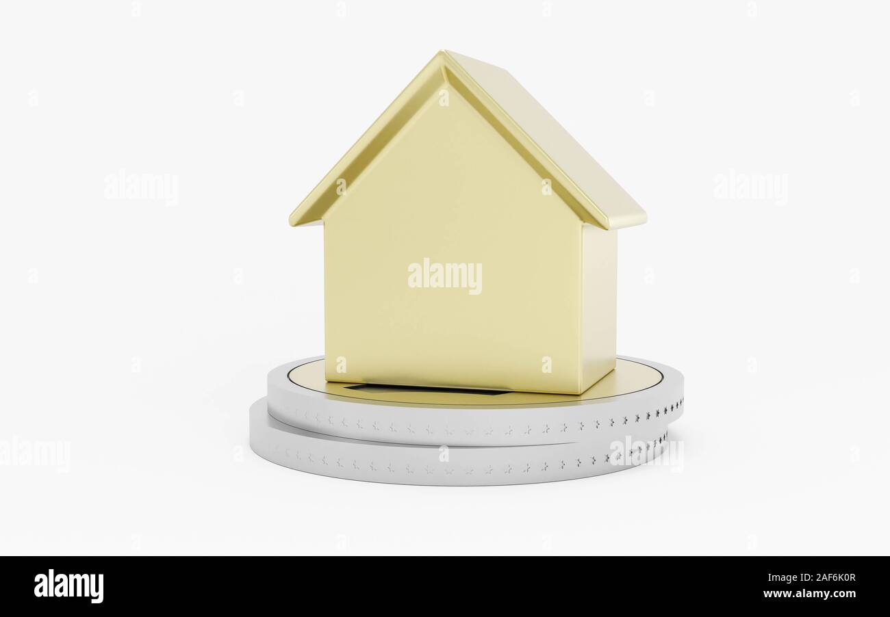 Golden House building concept on pile of coins on white background 3d ...