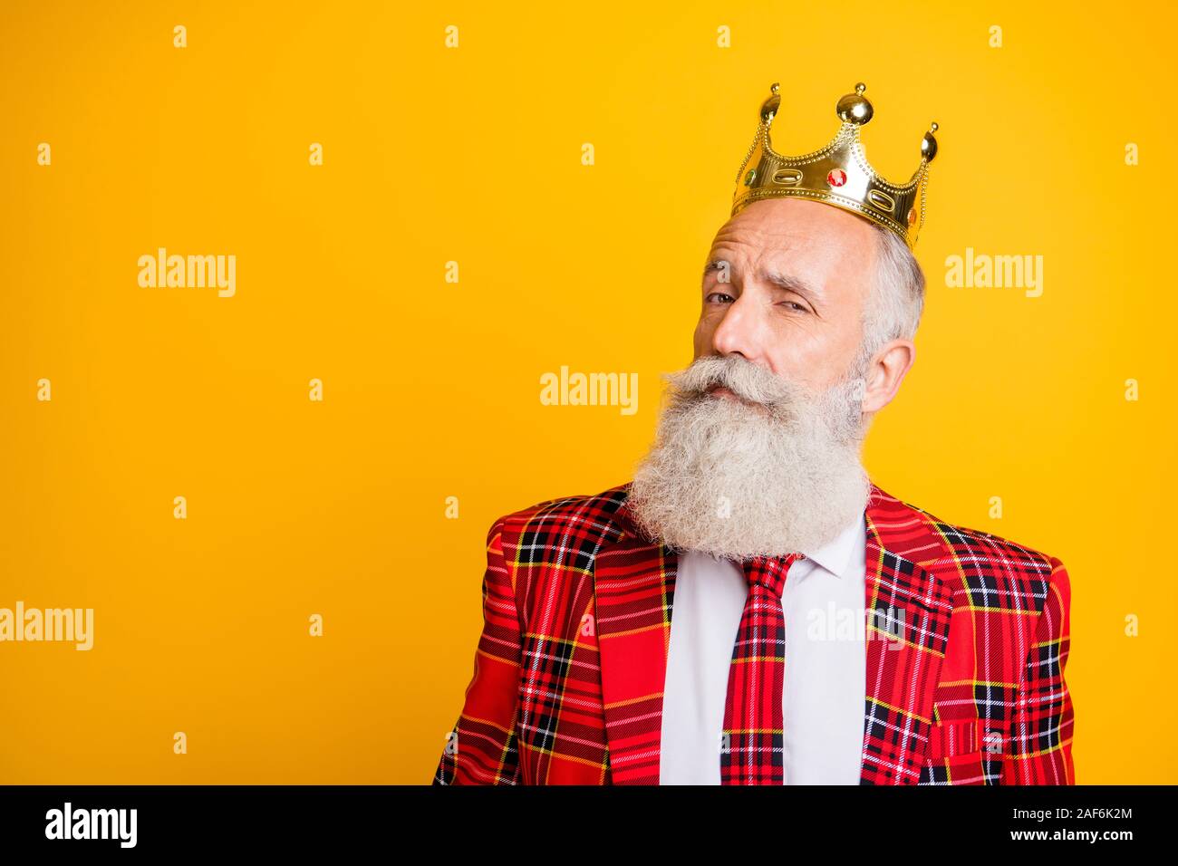 Close up photo of cool look grandpa white beard see pretty young ...