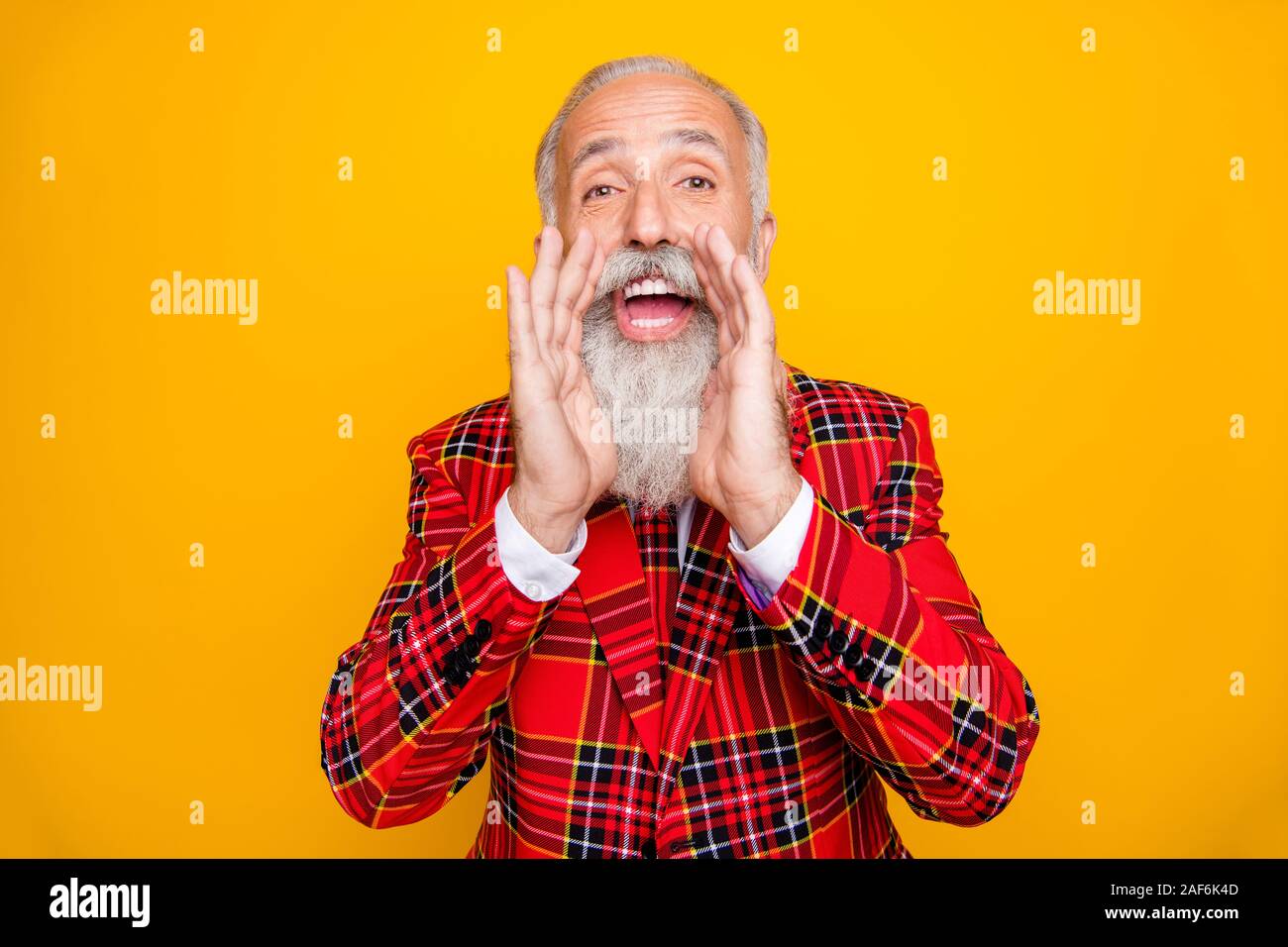 Photo of cool modern look grandpa with white beard yelling announcement ...