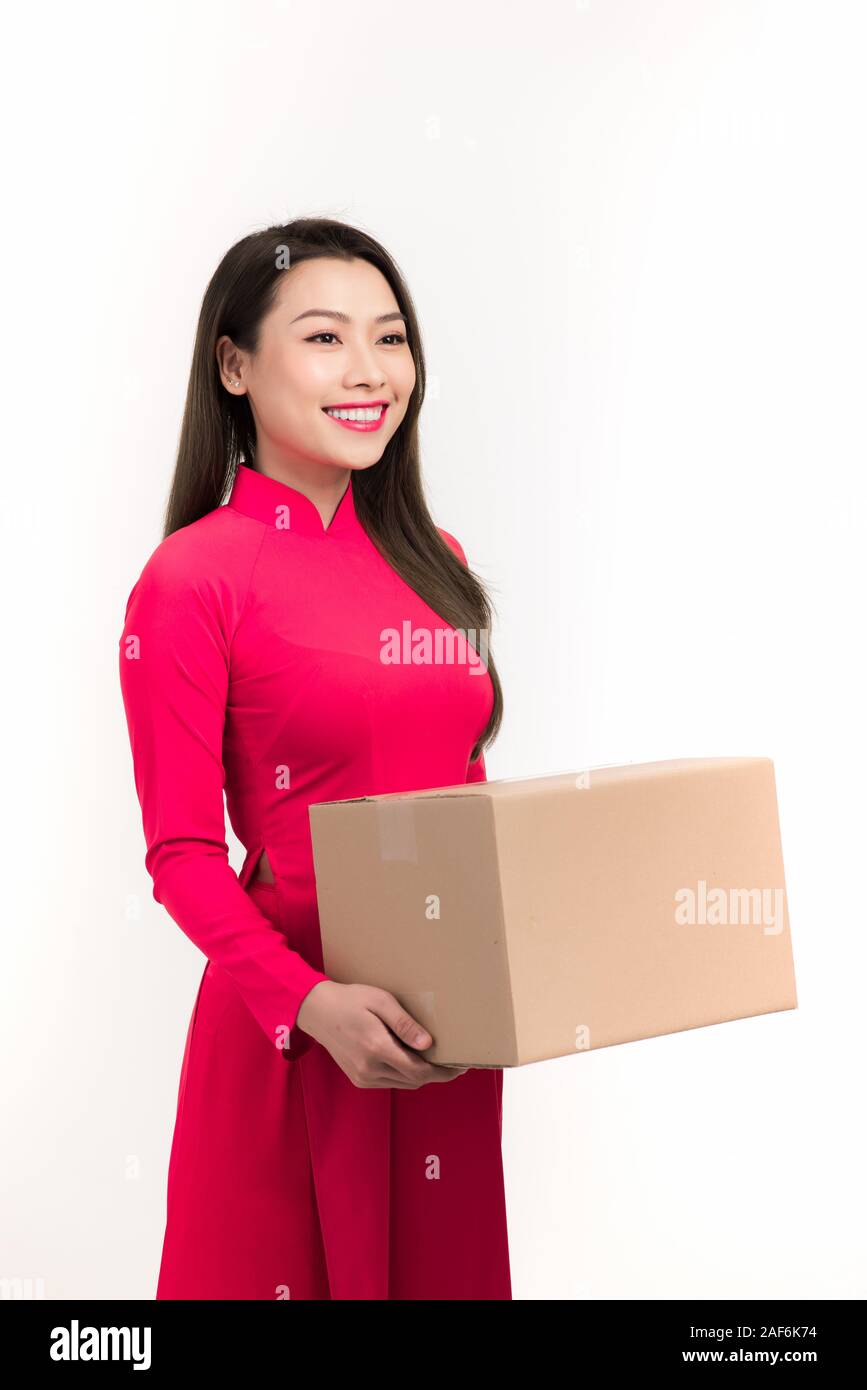 Vietnamese woman with the traditional costume holding gift box Stock ...