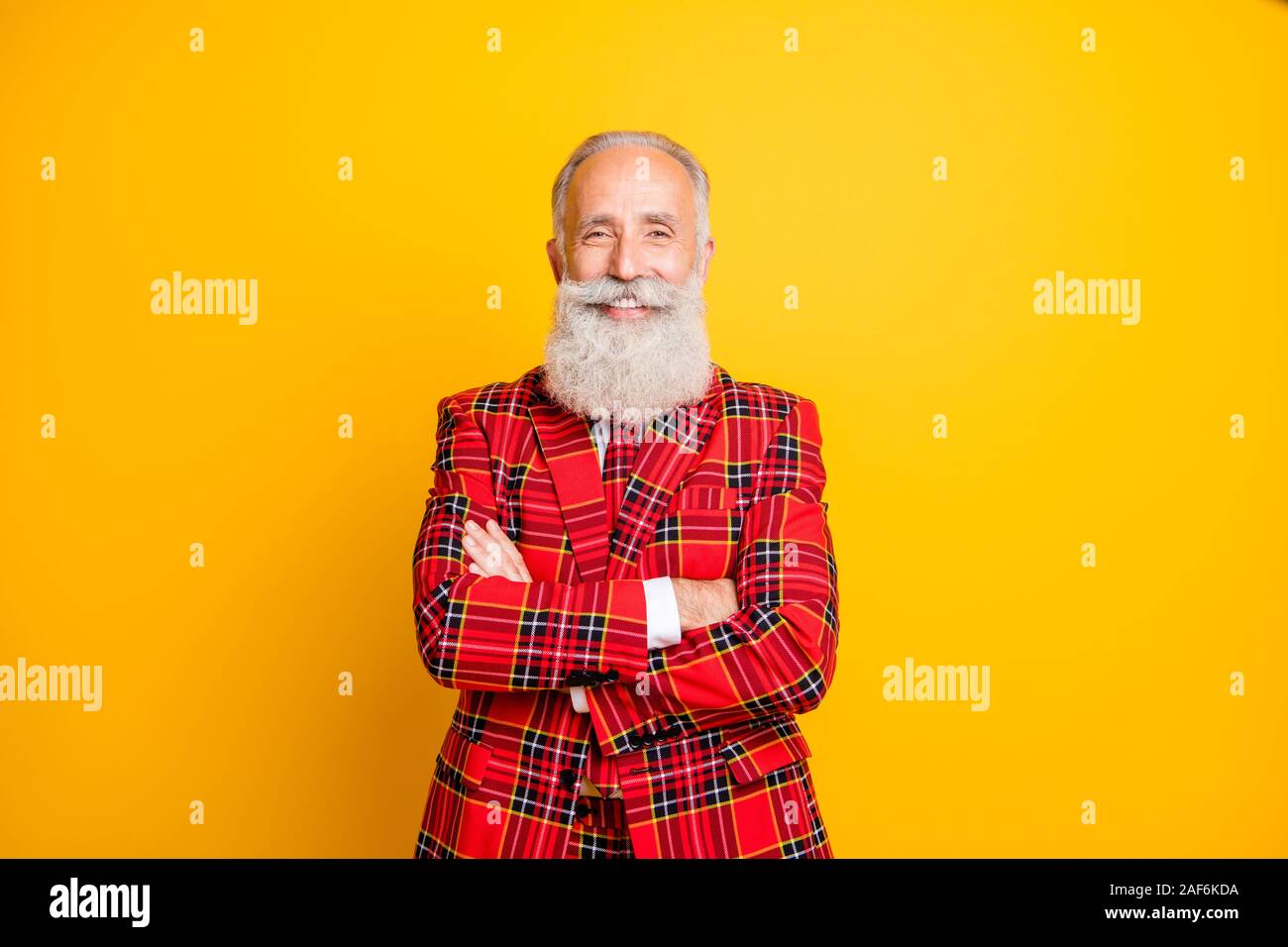 Photo of cool modern grandpa guy with crossed hands toothy smiling ...
