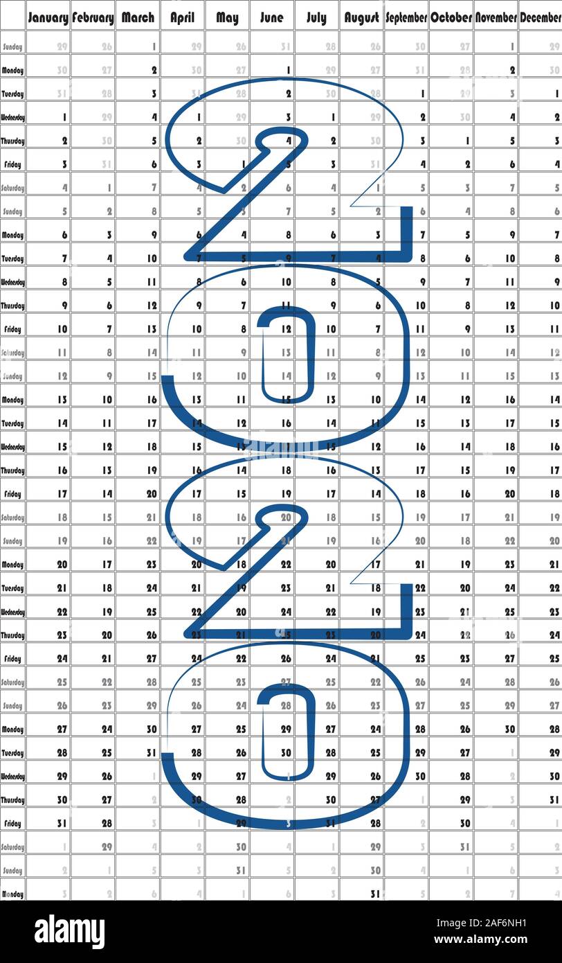 Blue outline Portrait 2020 wall planner Month Column Stock Vector Image ...