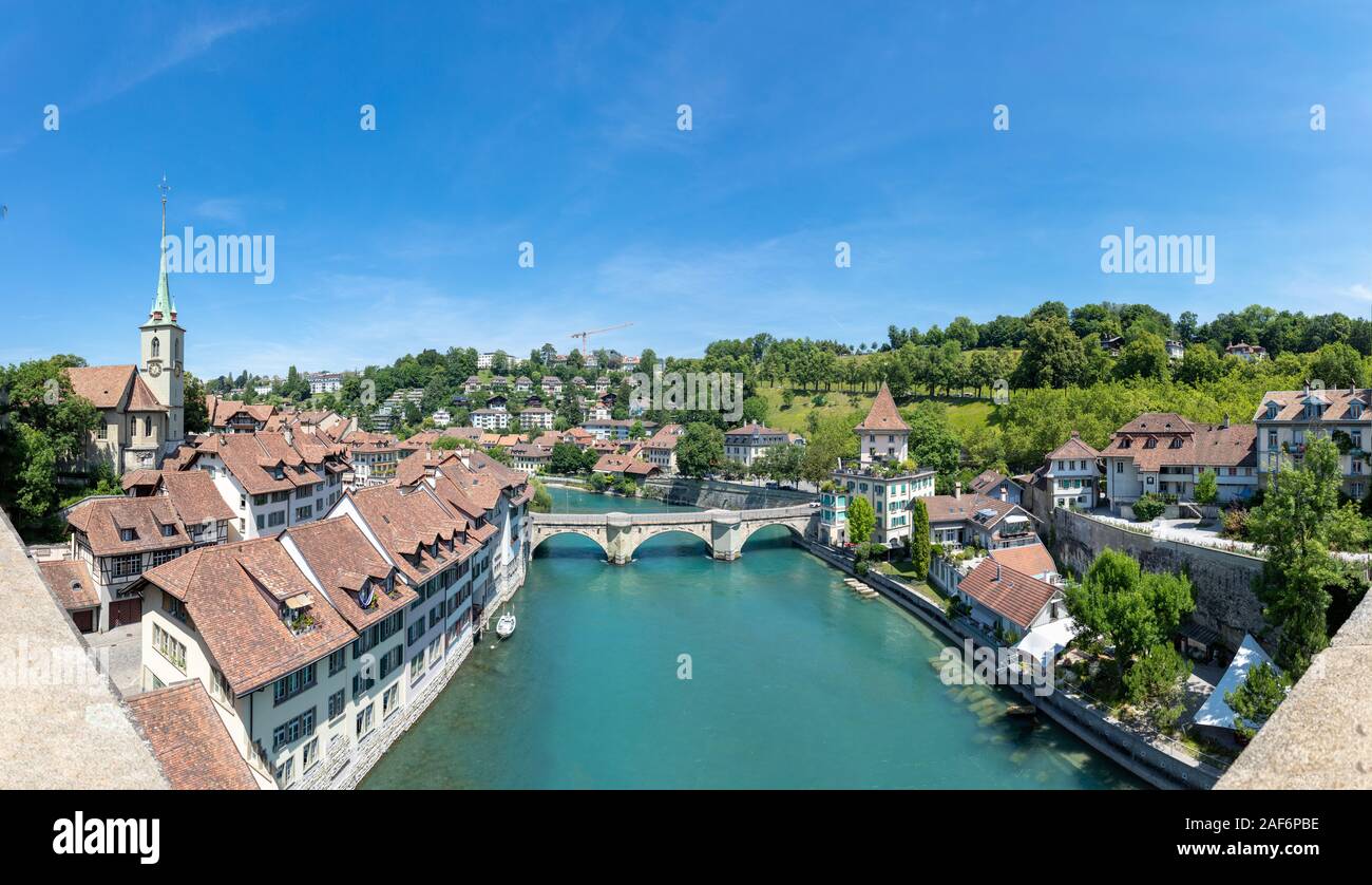 Panoramic view of Bern with the bridge Untertor Bridge over Aare River ...