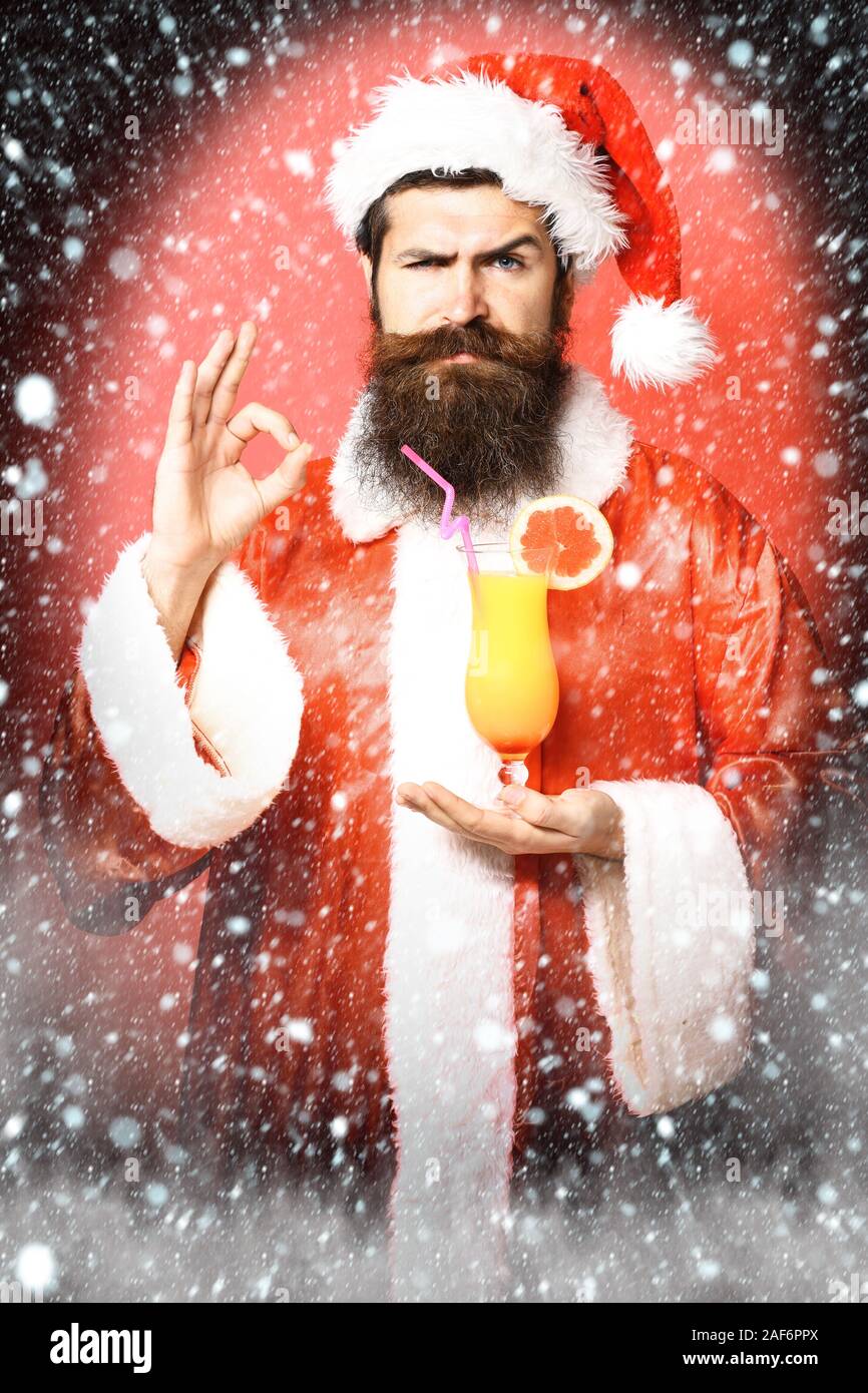 handsome bearded santa claus man with long beard on serious face ...
