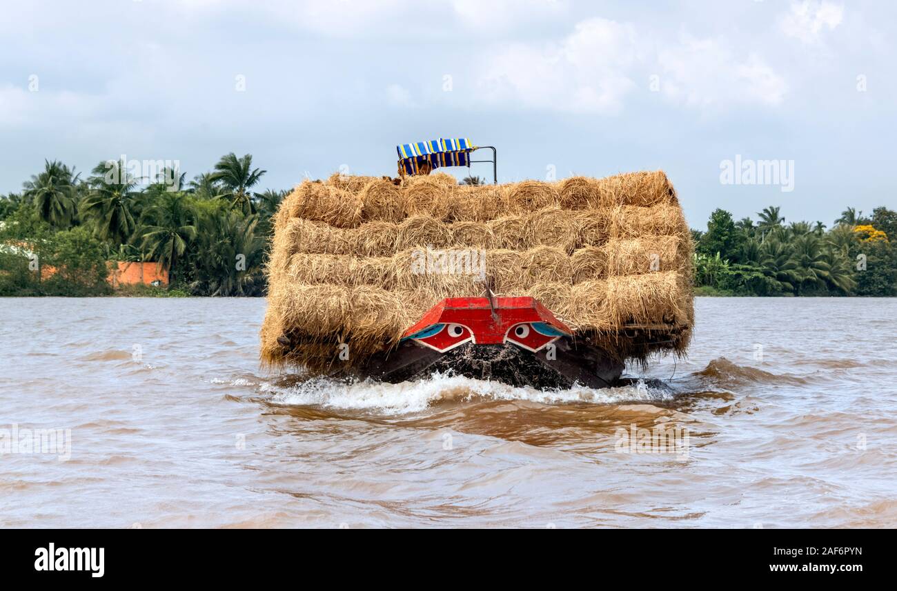 Traditional boat laden with straw and hay Mekong Delta Vietnam Stock ...