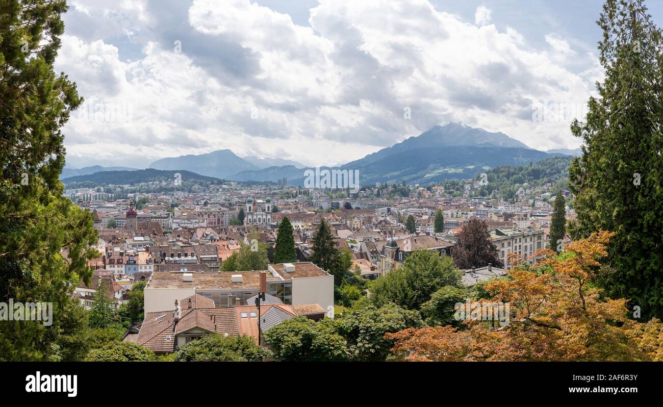 City of Lucerne panoramic aerial view from Lucerne 9 towers, Alps and ...