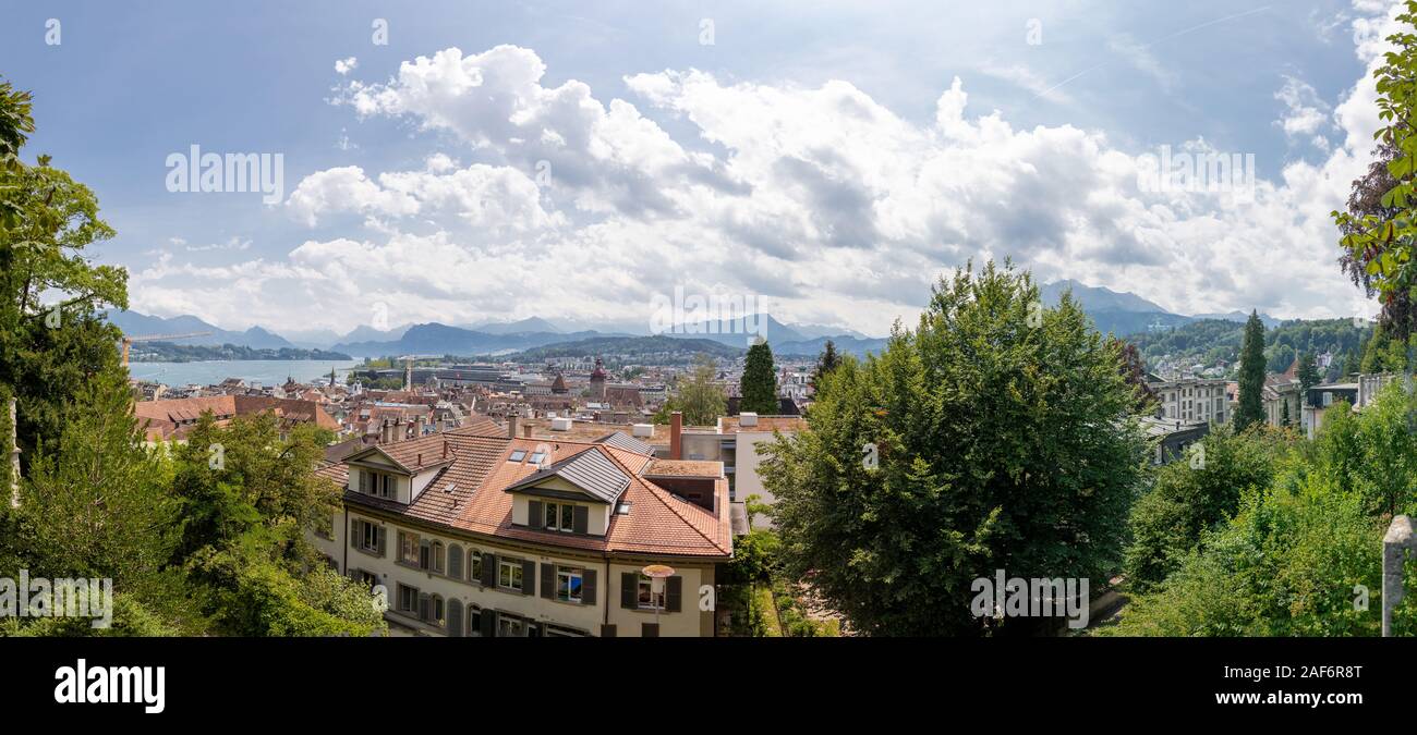 City of Lucerne panoramic aerial view from Lucerne 9 towers, Alps and ...