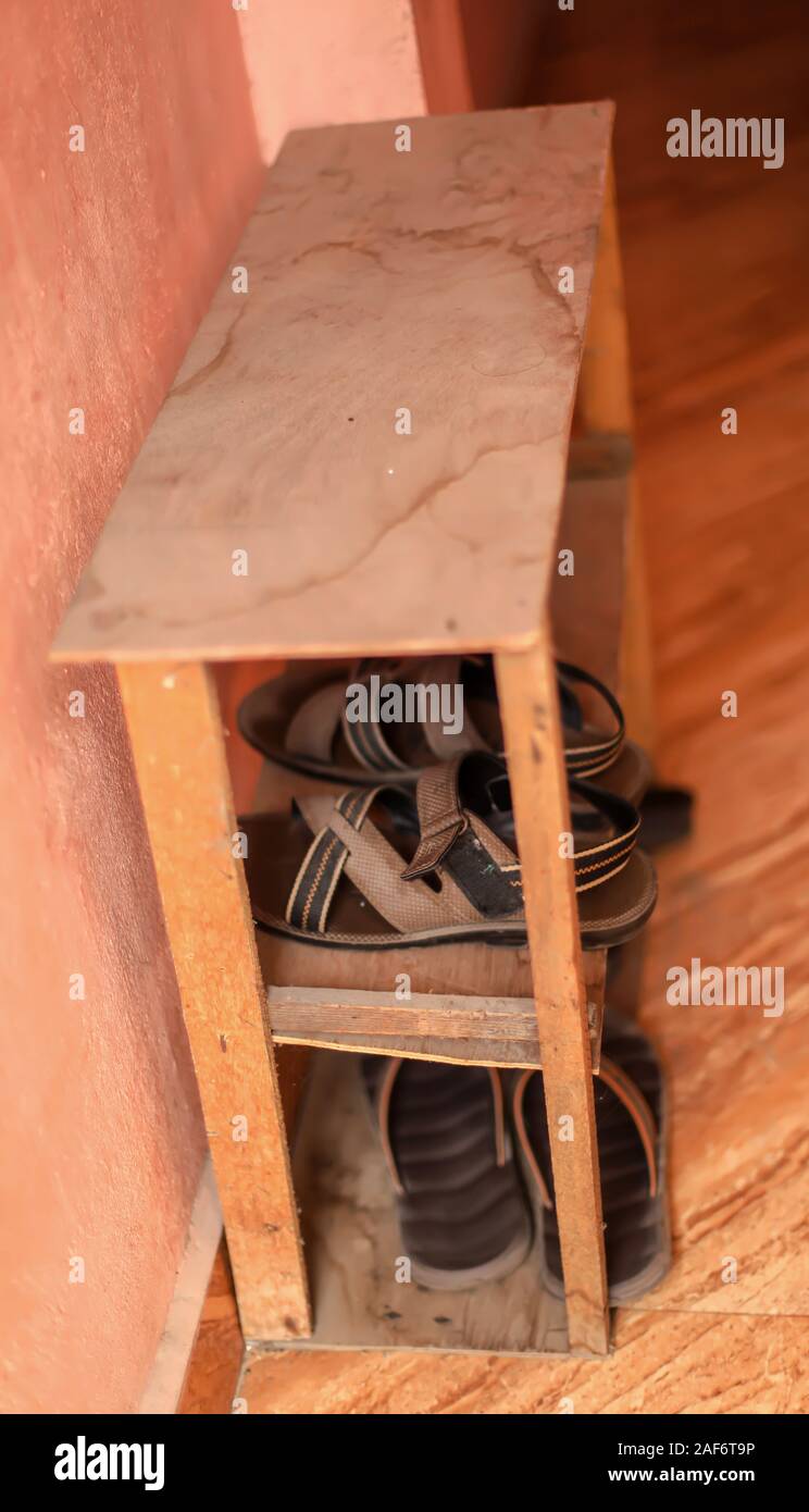 Top view of wooden shoe racks Stock Photo - Alamy