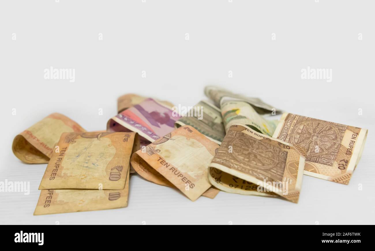 Indian currency bank notes of 5 and 10, 20, 500, 2000 rupees on white ...