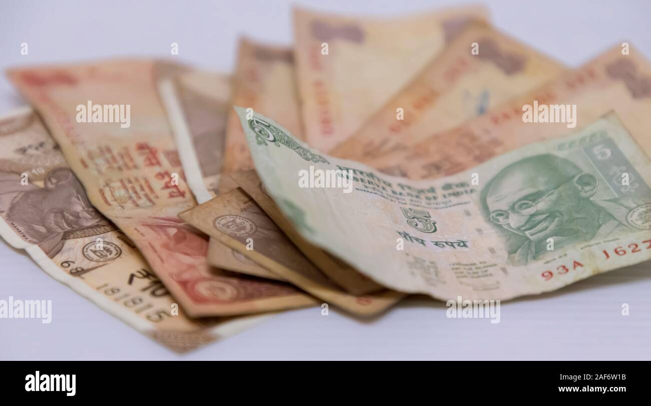 Closeup of brand new colorful Indian currency bank notes of 10, 20 ...
