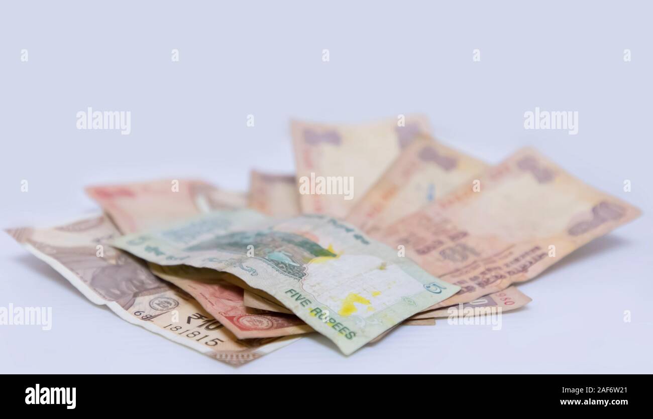 Closeup of brand new colorful Indian currency bank notes of 10, 20 ...