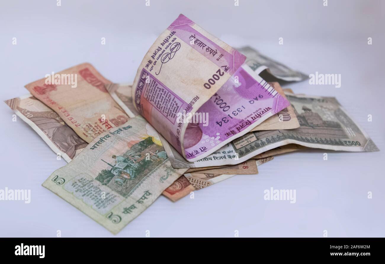 Close up of Indian 2000 rupee notes, Indian currency note Folded on ...