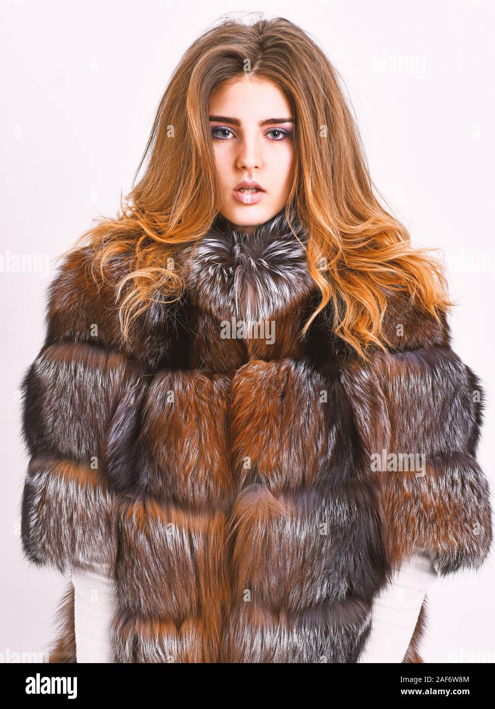 Woman makeup and hairstyle posing mink or sable fur coat. Fur fashion ...