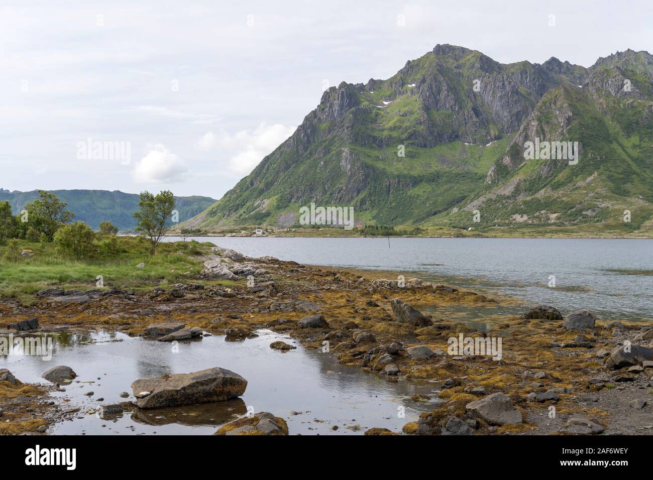 Arctic fjord landscape with shore and steep slopes of rocky coast, shot ...