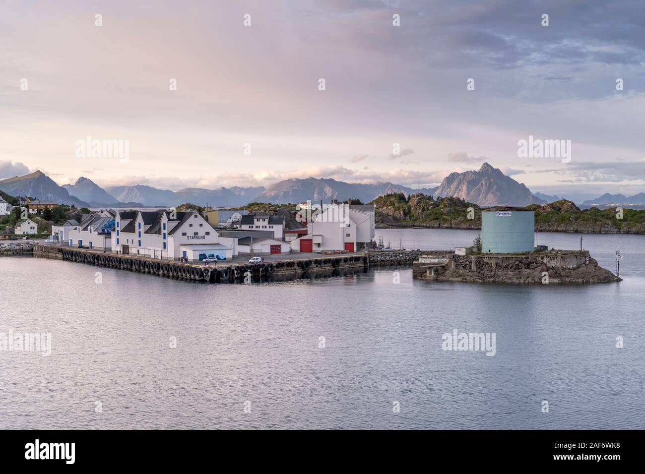 STAMSUND, NORWAY - July 16 2019: harbor cityscape and steep Vagakallen ...