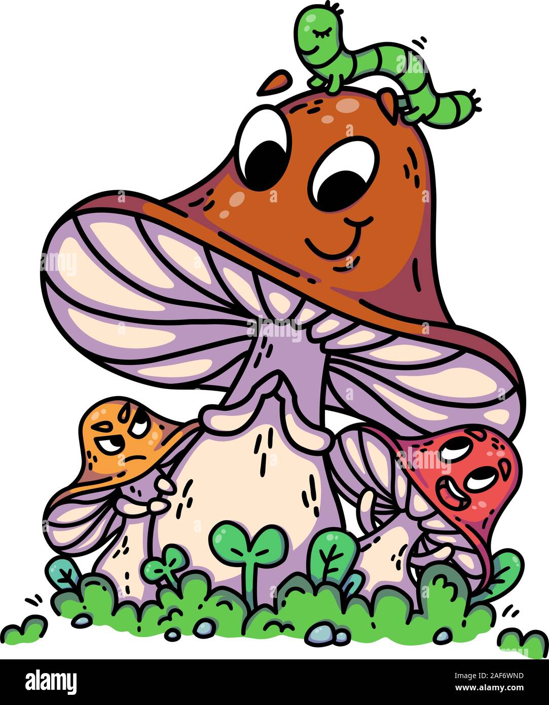Cute cartoon mushrooms on green grass with caterpillar on hat ...