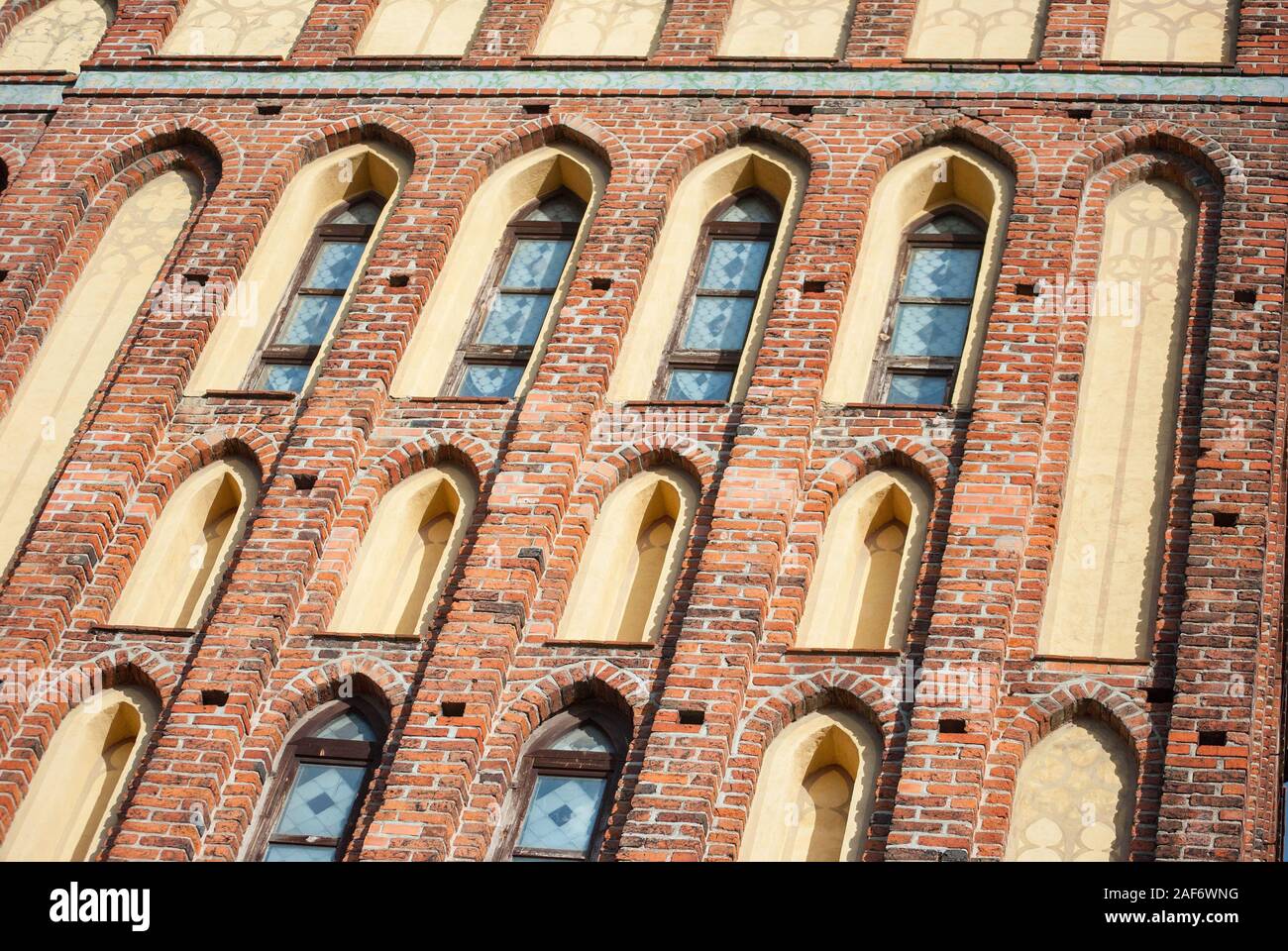 The wall with windows of medieval gothic cathedral, Kaliningrad, Russia ...