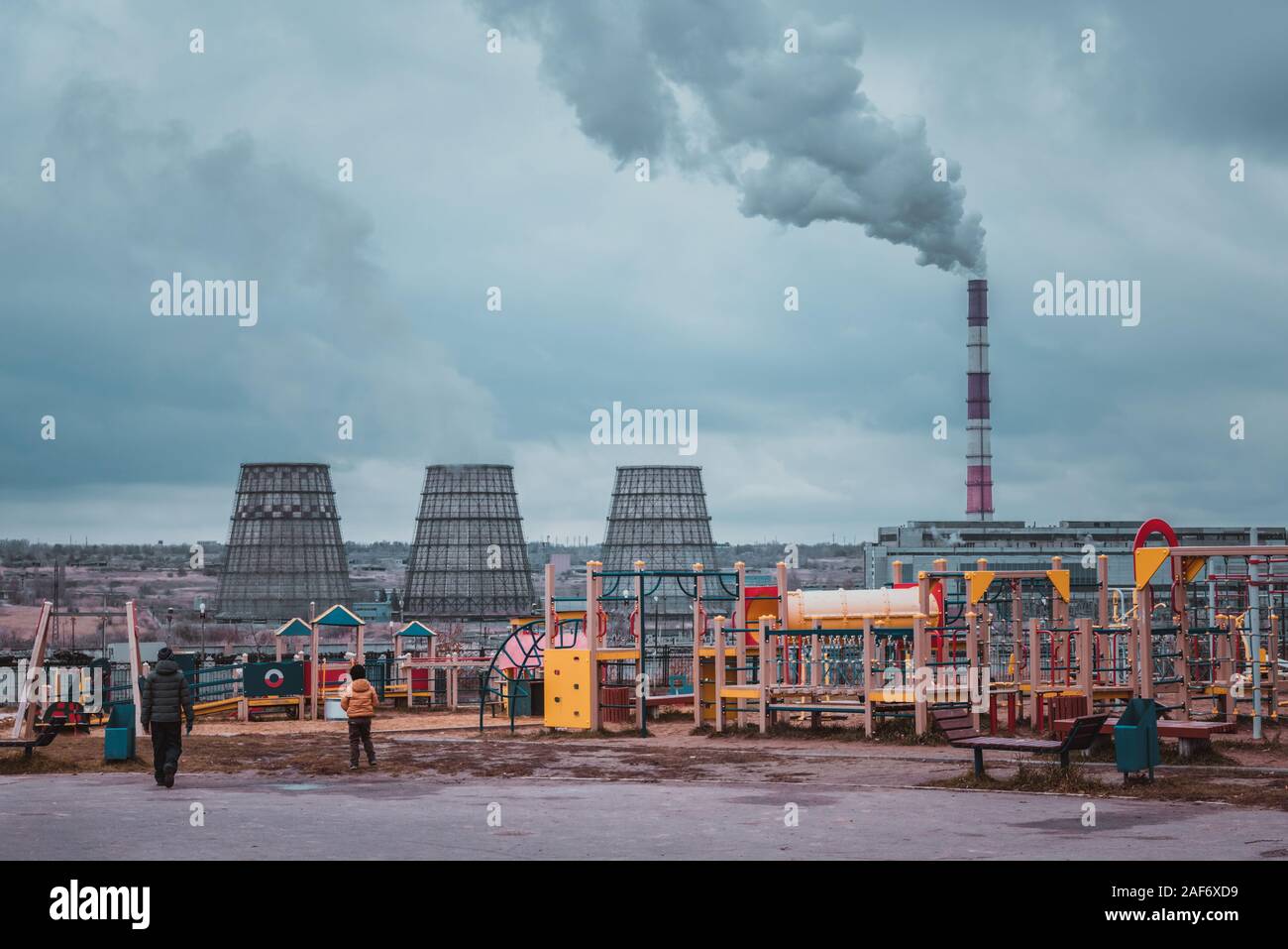of large pipes belching smoke from thermal power plants Stock Photo - Alamy