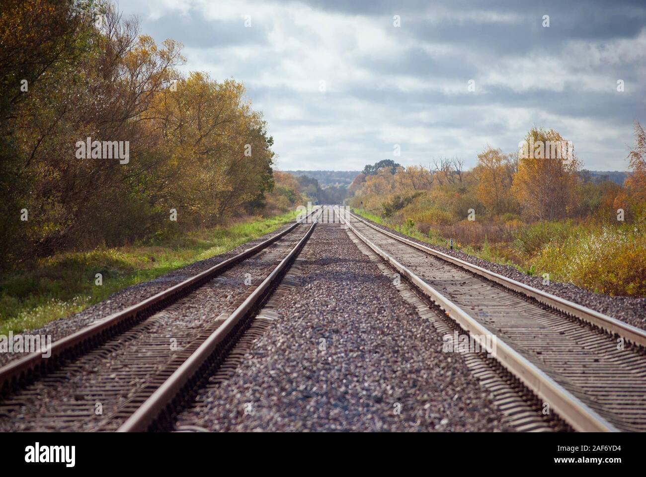 Railway, two railroad tracks goes parallel, horizontal shot Stock Photo ...