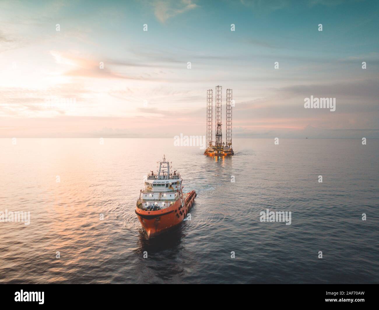 Aerial image during rig move operation in offshore oil field Stock ...