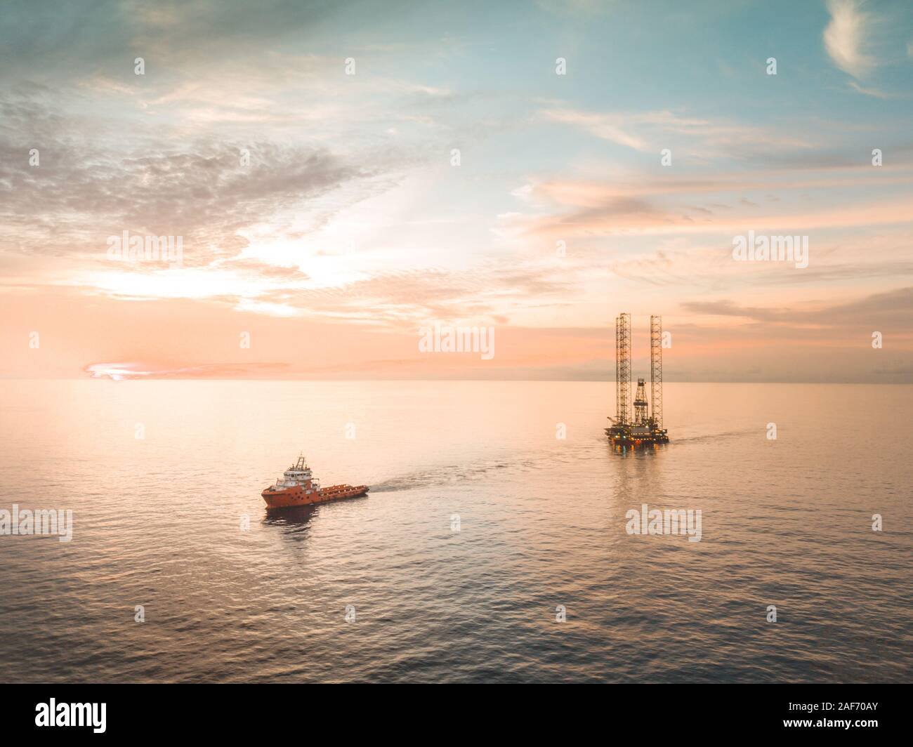 Aerial image during rig move operation in offshore oil field Stock ...