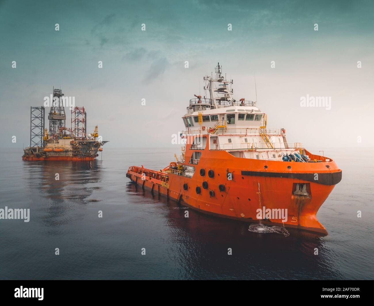 Aerial image during rig move operation in offshore oil field Stock ...