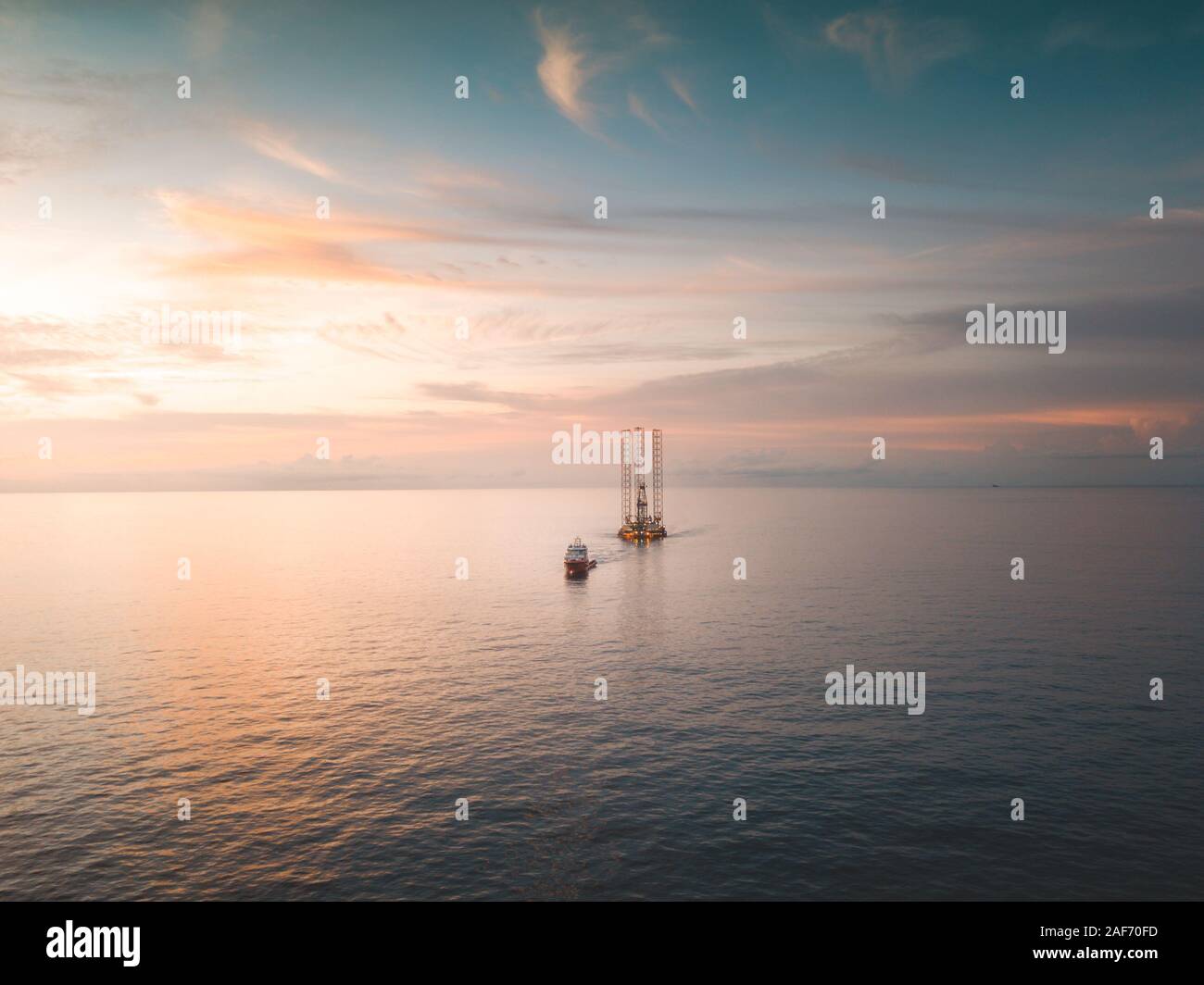 Aerial image during rig move operation in offshore oil field Stock ...