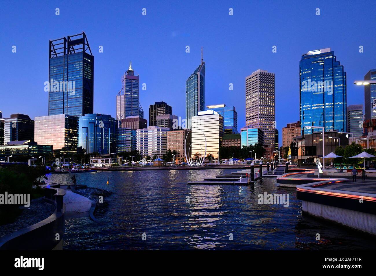 Australia, Perth, night scene with skyline from Elizabeth Quay on Swan ...
