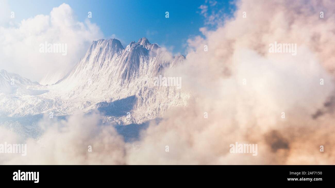 Aerial view of morning moutain landscape with clouds in forereground ...