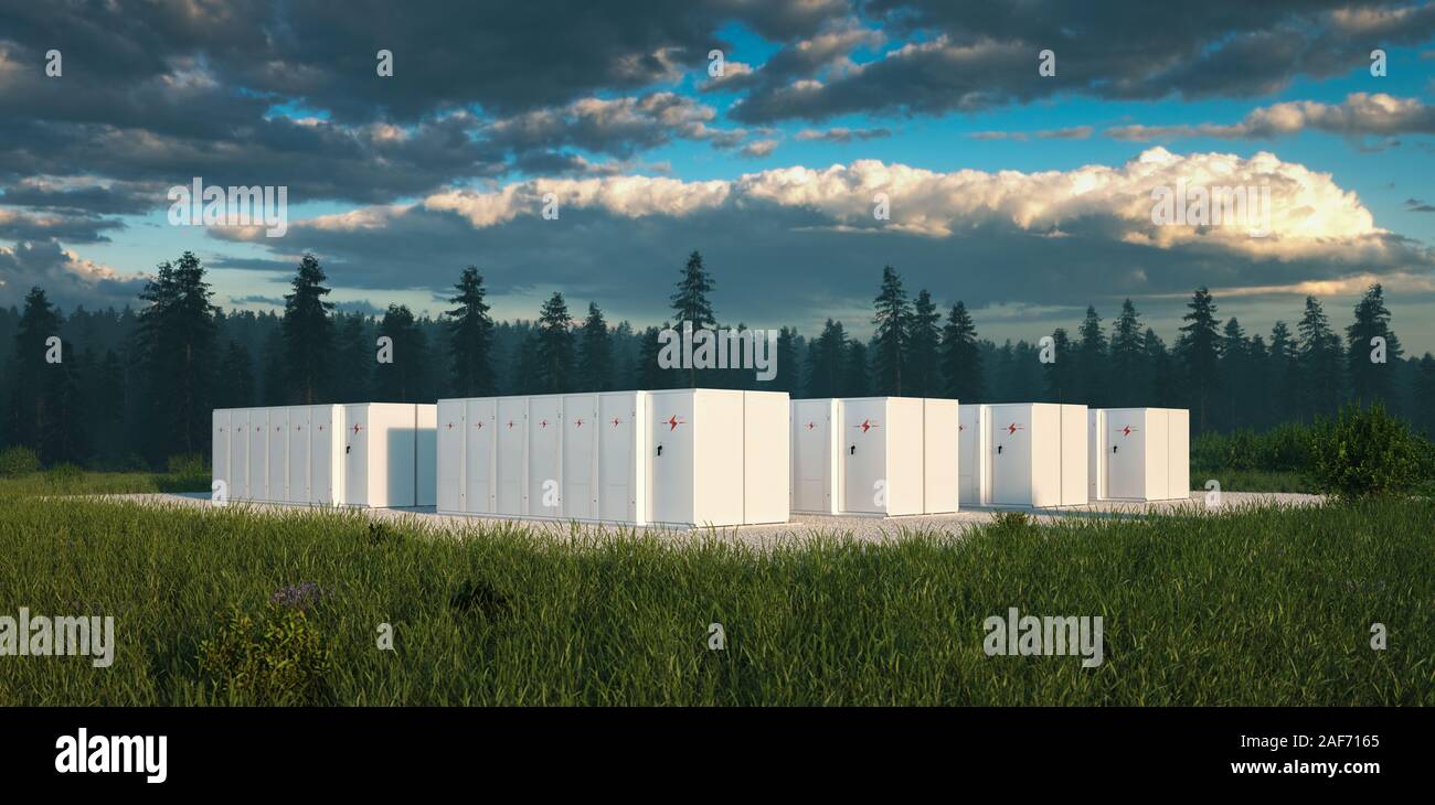 Eco friendly battery energy storage system in nature with misty forest ...