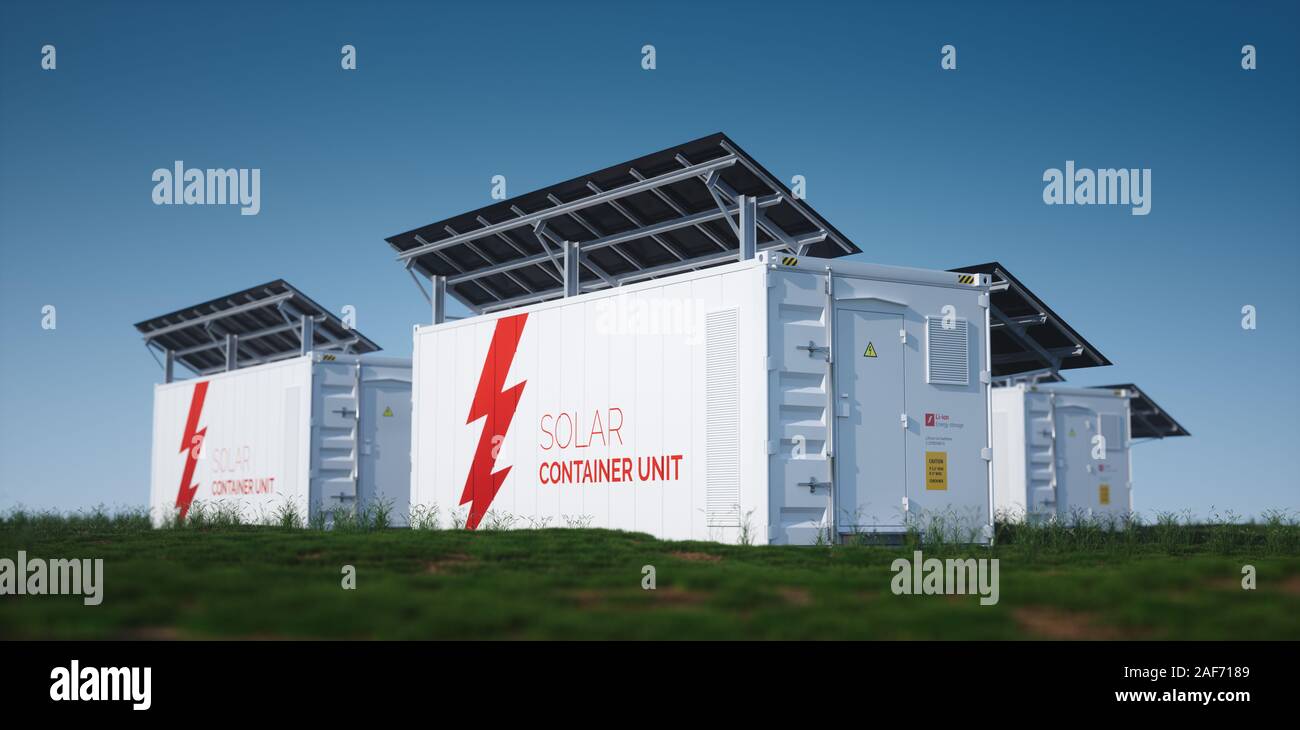 Solar container unit. 3d rendering concept of a white industrial ...