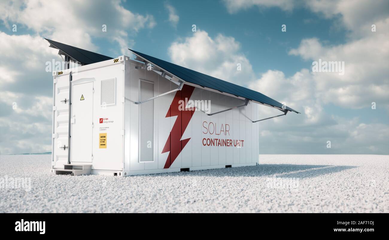 Solar container unit. 3d rendering concept of a white industrial ...