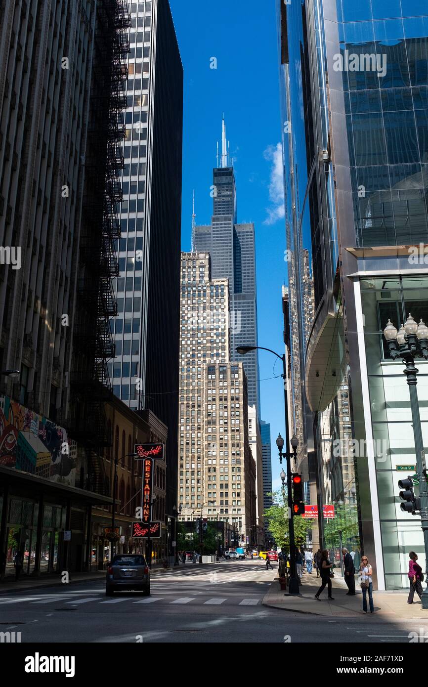 Chicago, Illinois, USA - July 2, 2014: Street scene with people walking ...