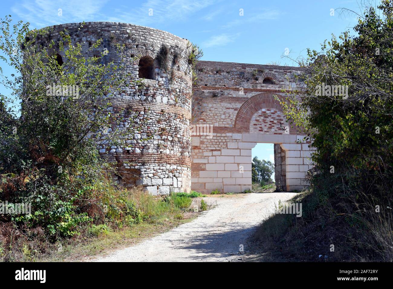 Greece, Epirus, fortified wall with tower of ancient site of Nikopolis ...